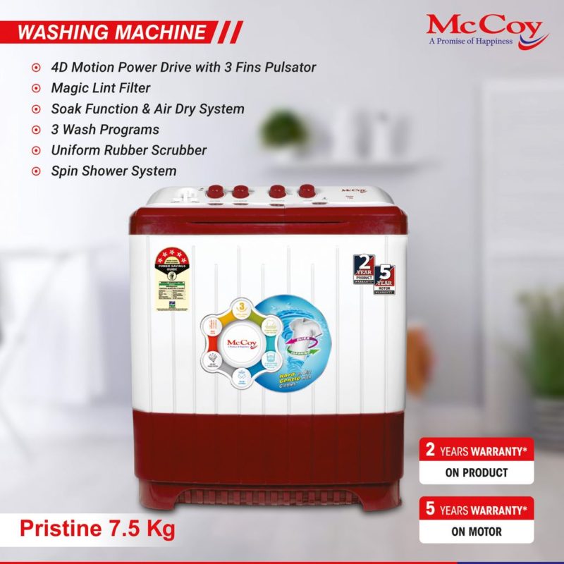 McCoy SA Washing MC 7.5-Pristine - McCoy Appliances India